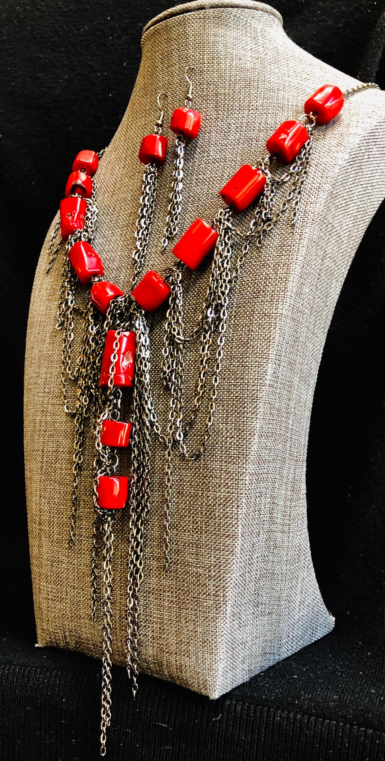 Red Coral & Black Chain Necklace Set - Etsy Canada