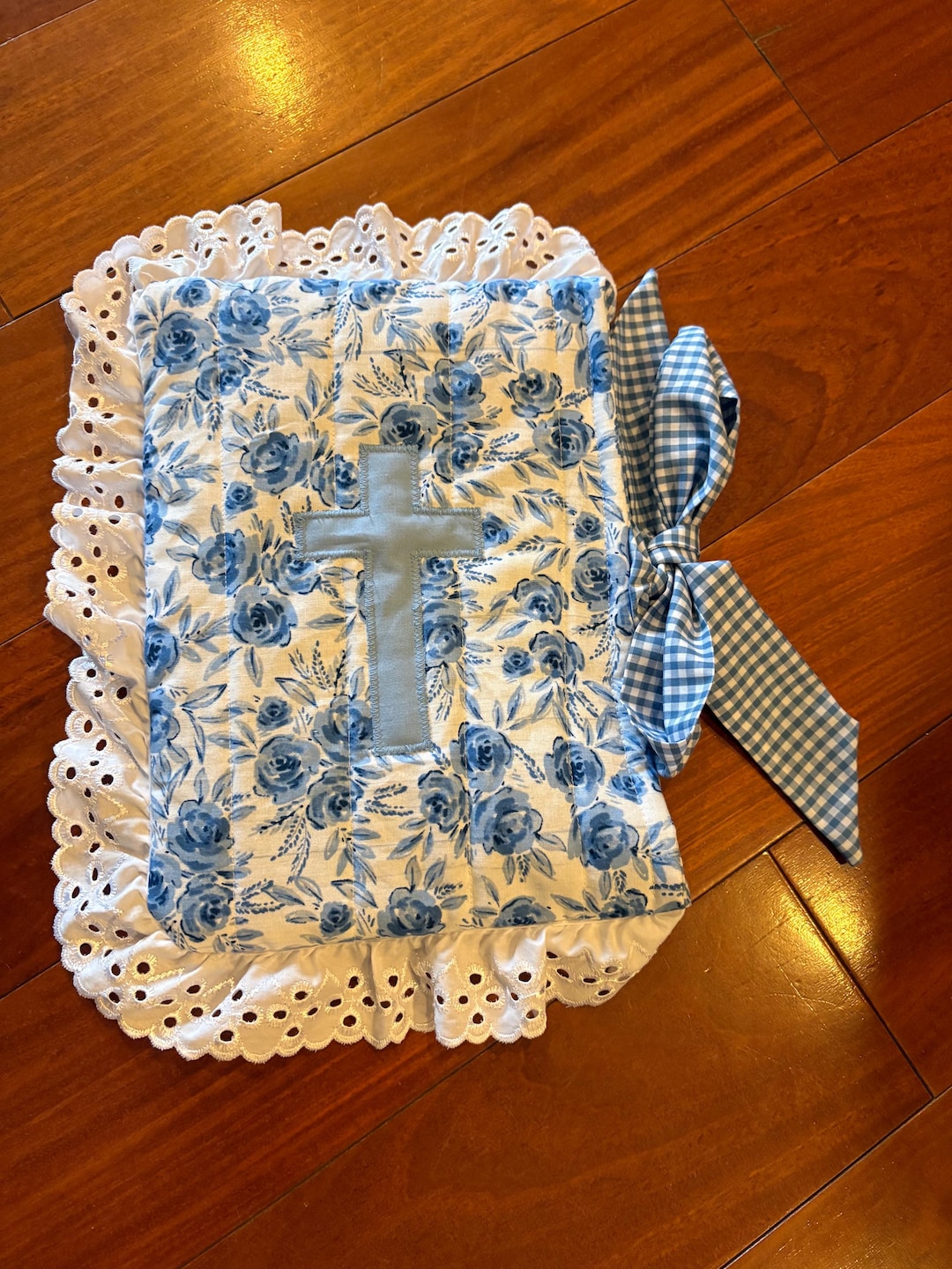 Blue Floral Quilted Bible Cover With Cross Appliqué and Eyelet Lace - Etsy
