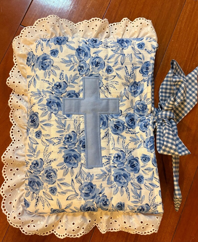 Blue Floral Quilted Bible Cover With Cross Appliqué and Eyelet Lace - Etsy