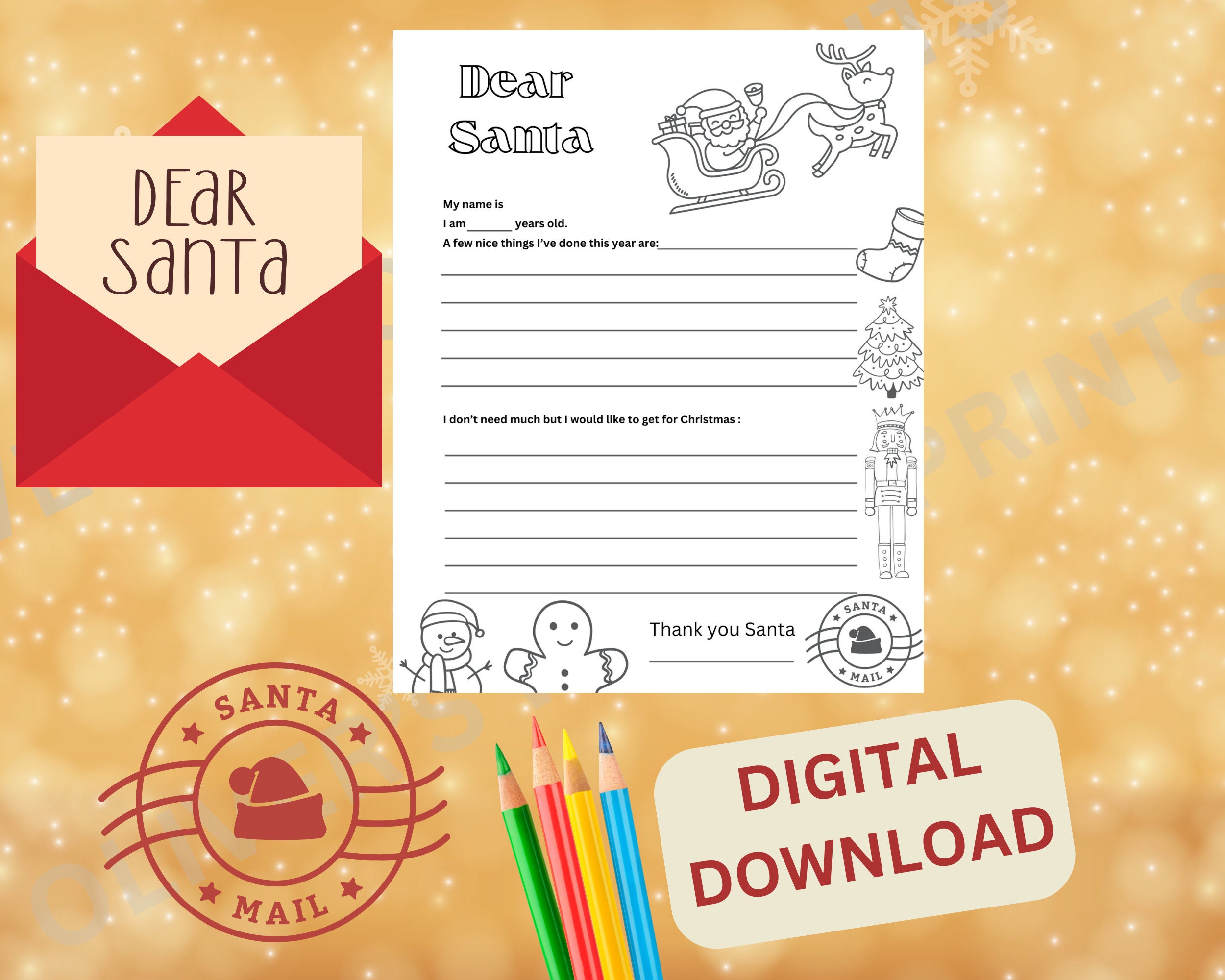 Dear Santa Letter Template. Printable Letter to Santa .digital - Etsy