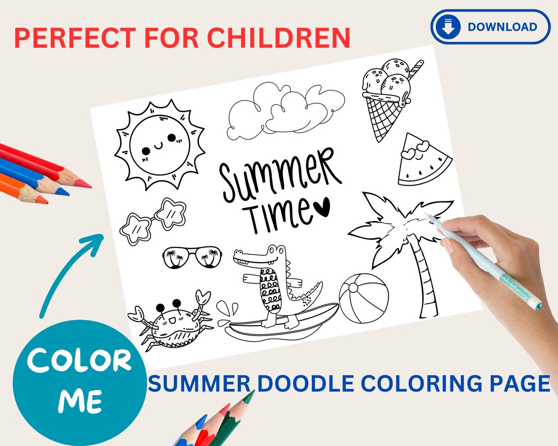 SUMMER TIME COLORING Page Activity for Kids. Printable Coloring Page ...