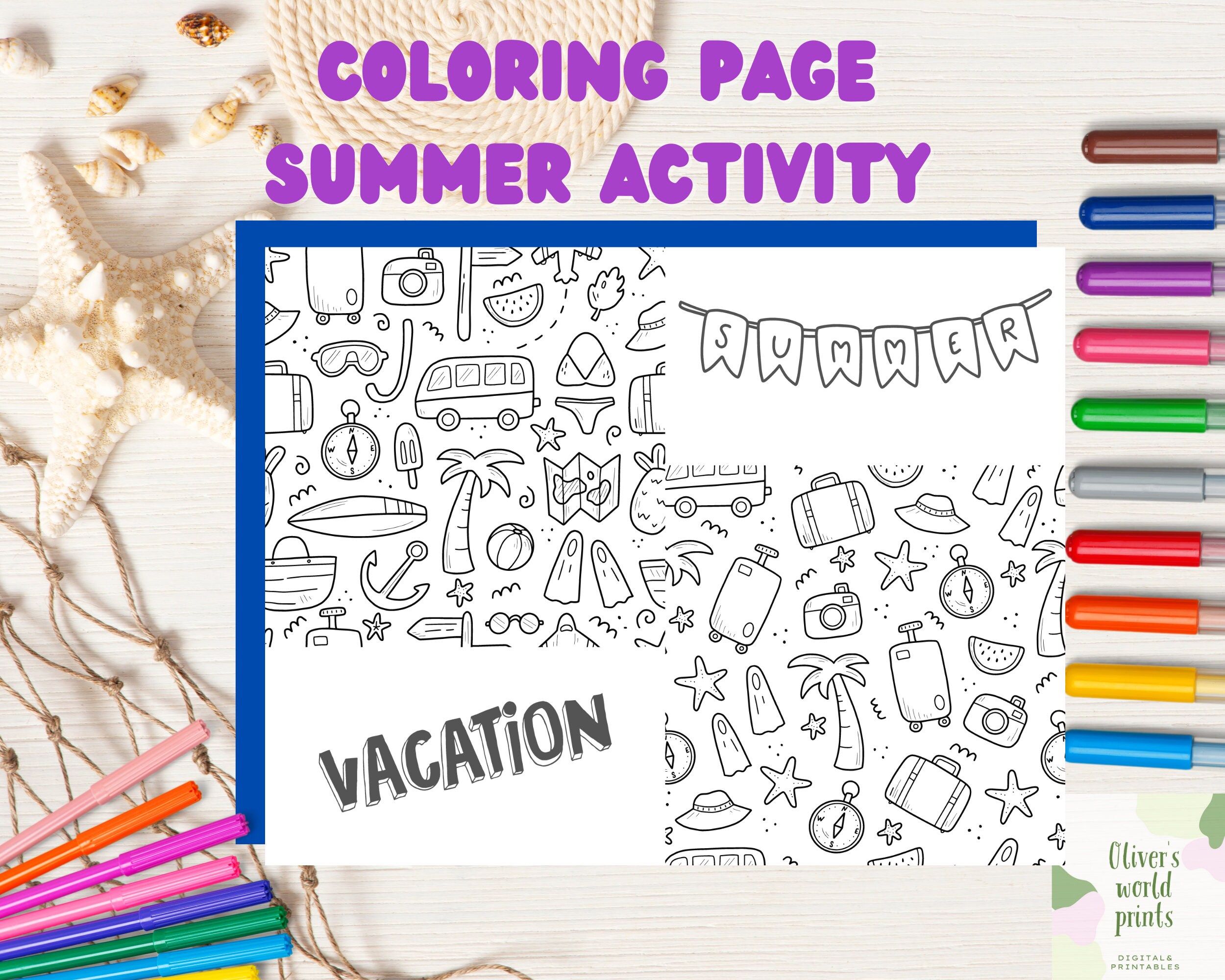 SUMMER VACATION Coloring Page Activity. Printable Page for Summer Time ...
