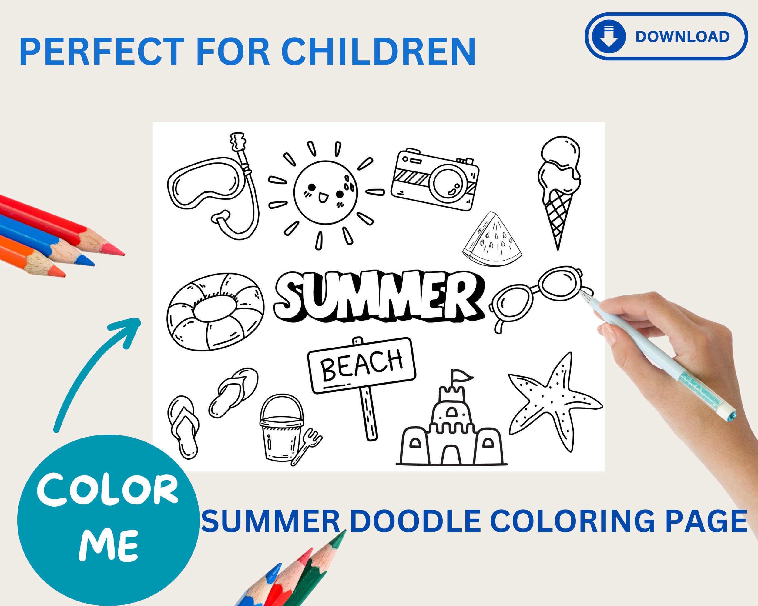 SUMMER BEACH COLORING Page Activity. Printable Coloring Page for Summer ...