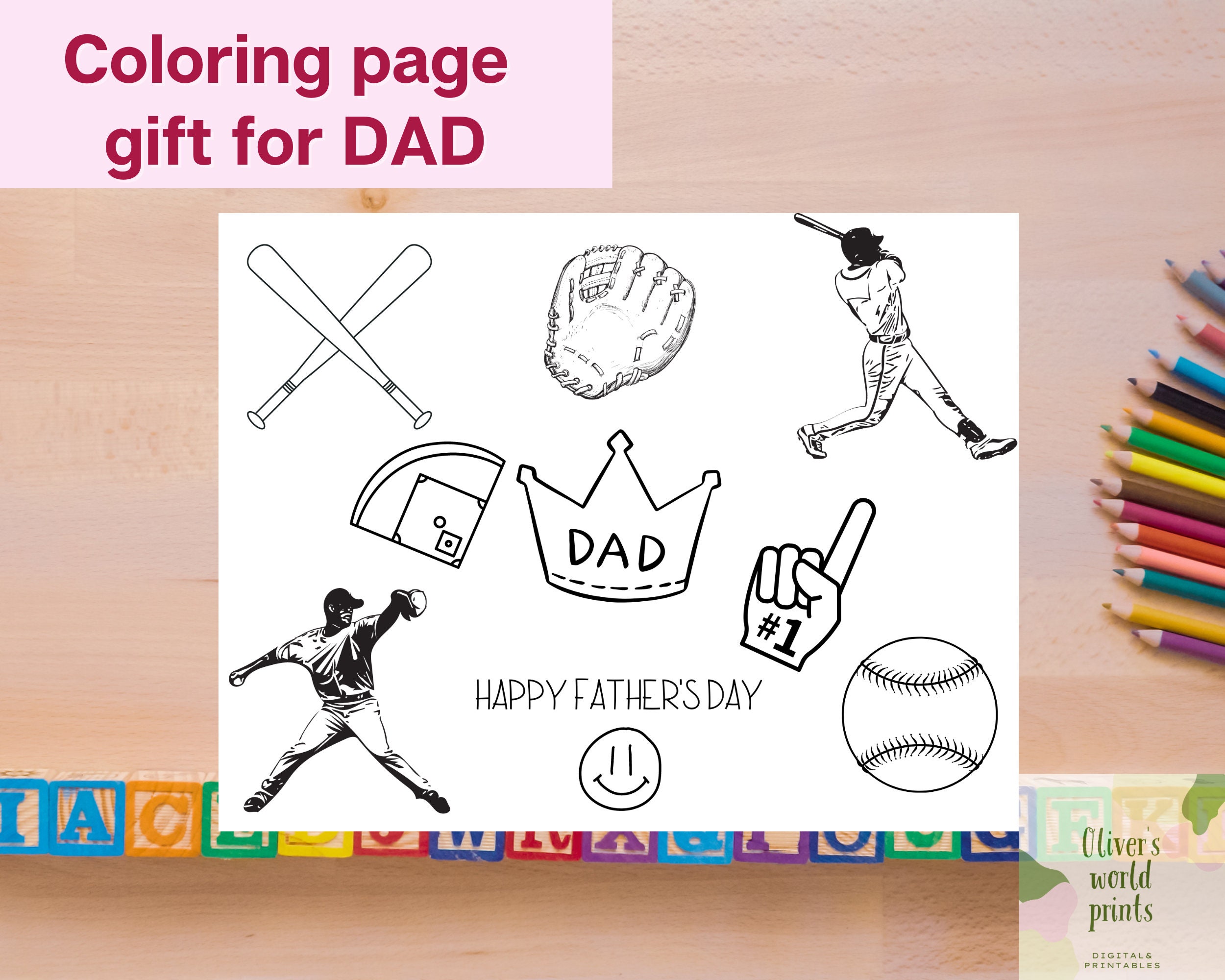 Baseball Coloring Page for DAD. Happy Fathers Day Card for - Etsy