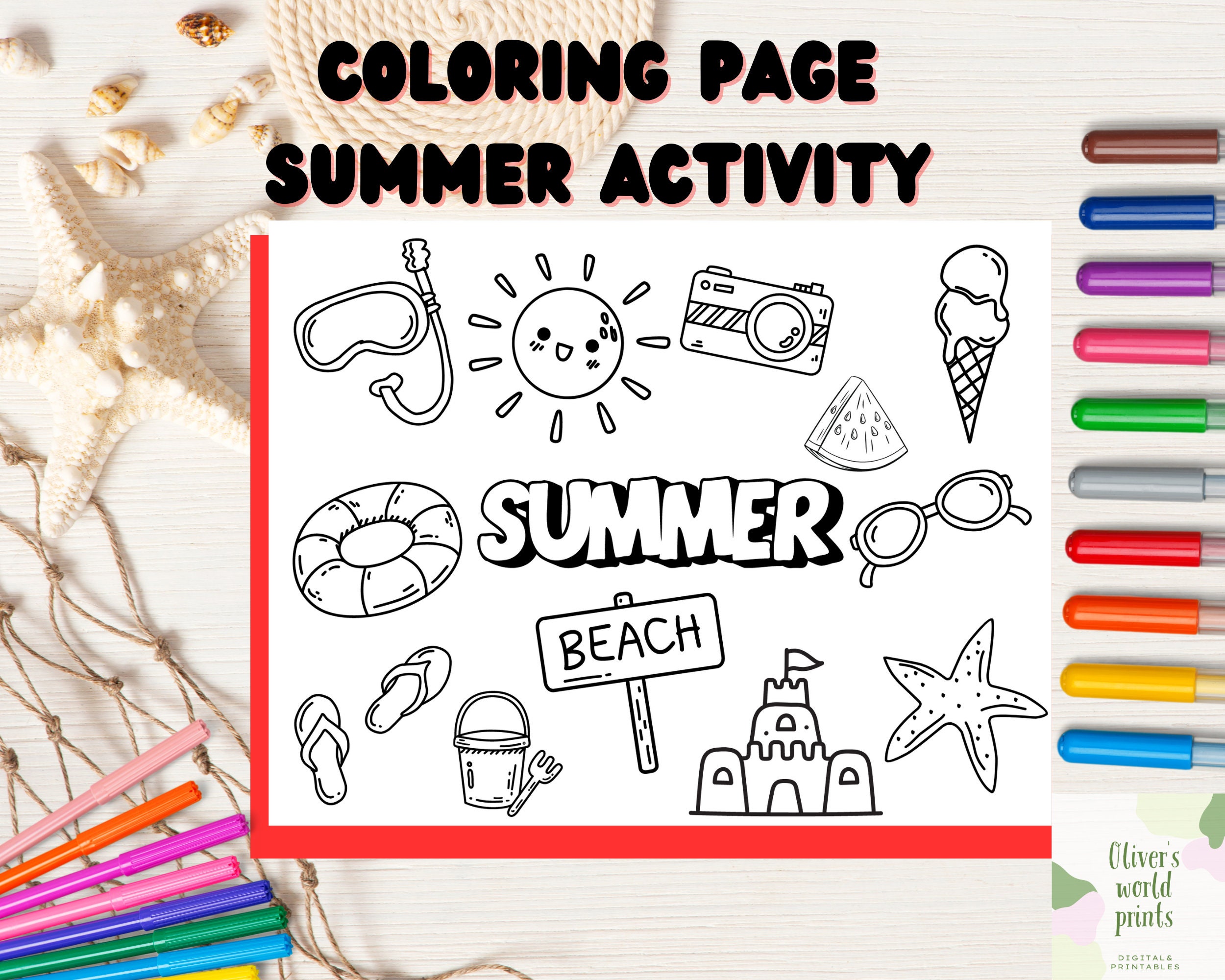 SUMMER BEACH COLORING Page Activity. Printable Coloring Page for Summer ...