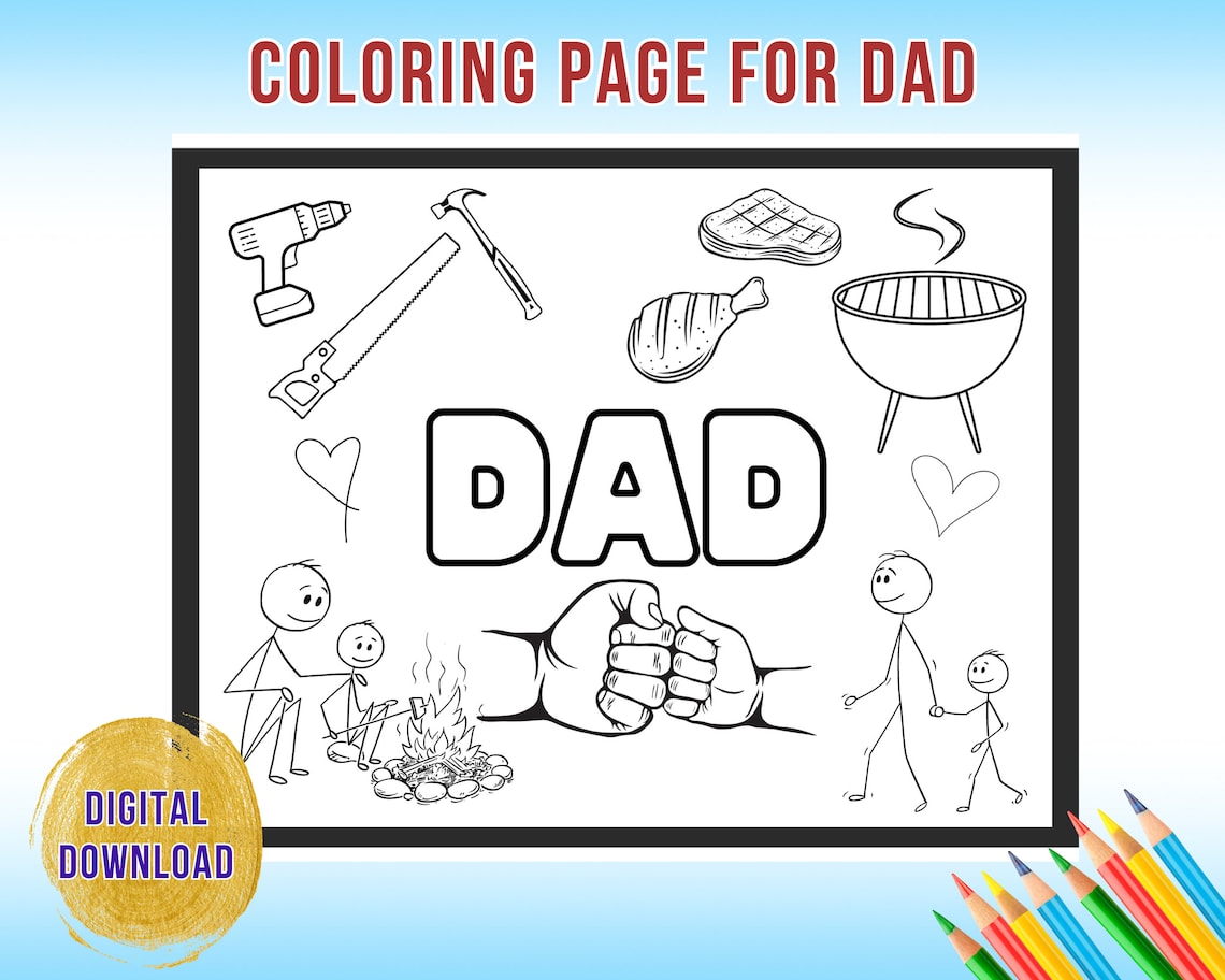 Coloring Page for Dad Birthday. Printable DAD Card to Color for Happy ...