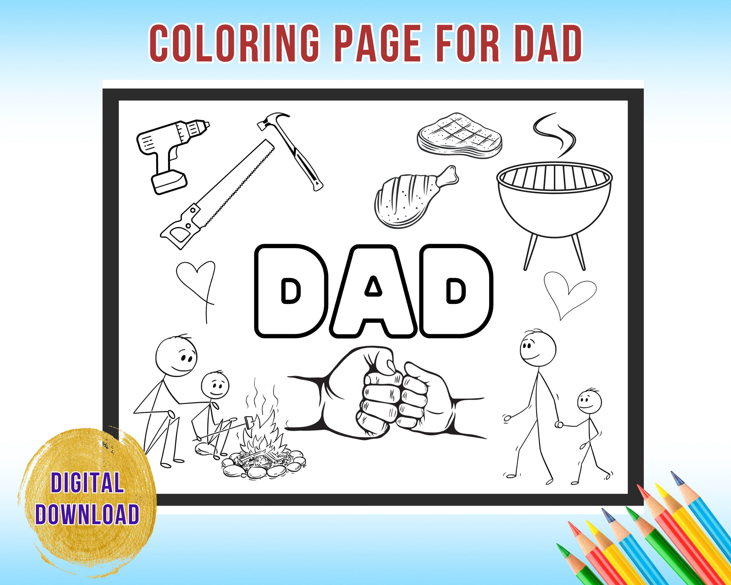 Coloring Page for Dad Birthday. Printable DAD Card to Color for Happy ...