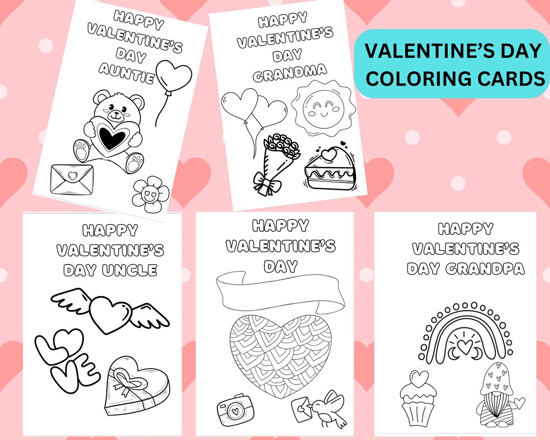 Printable Happy Valentines Day Coloring Cards. Bundle Coloring Cards ...