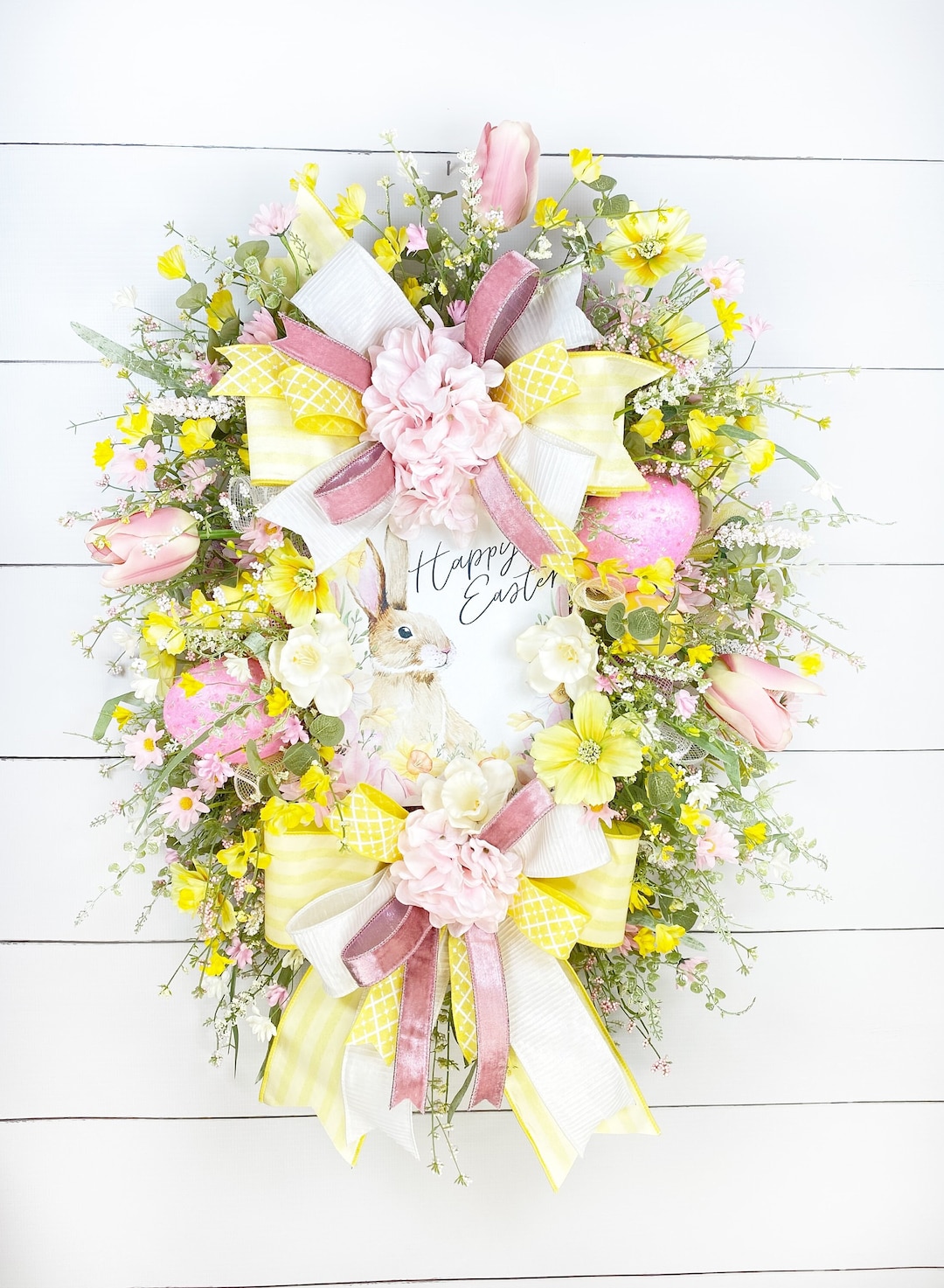 Happy Easter Wreath, Pink and Yellow Easter Wreath, Front Door Wreath ...