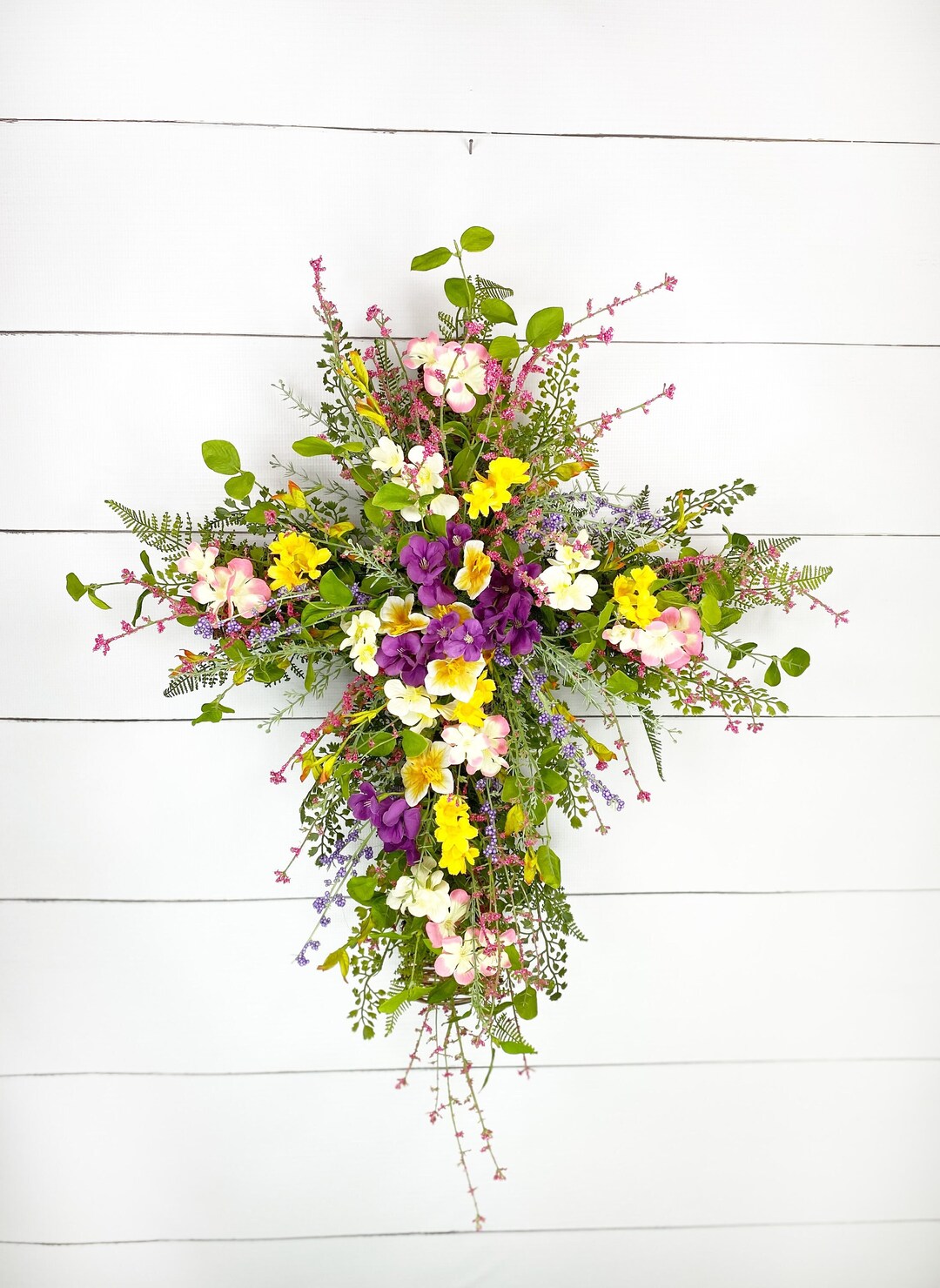 Cross Wreath for Front Door, Memorial Wreath, Everyday Floral Cross ...