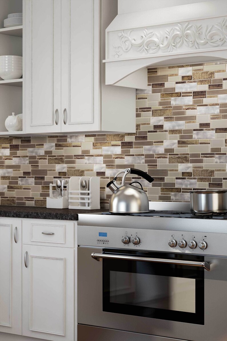 MTO0005 Modern Linear Brown Gray Glossy Glass Metal Mosaic | Etsy