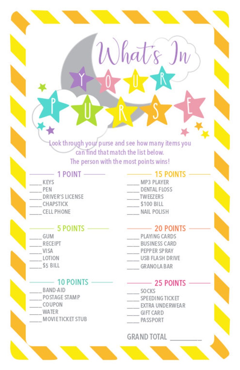 Baby Shower Game - What's in Your Purse? - Printable Game - Digital ...