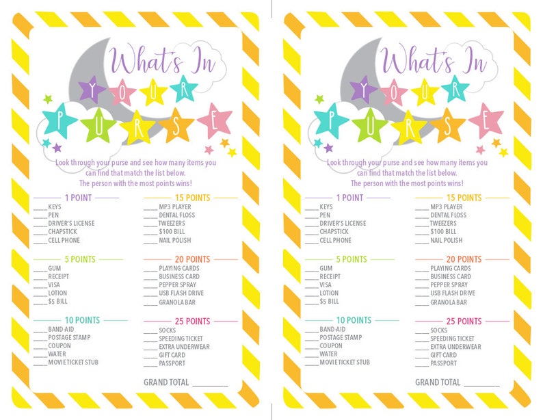 Baby Shower Game - What's in Your Purse? - Printable Game - Digital ...