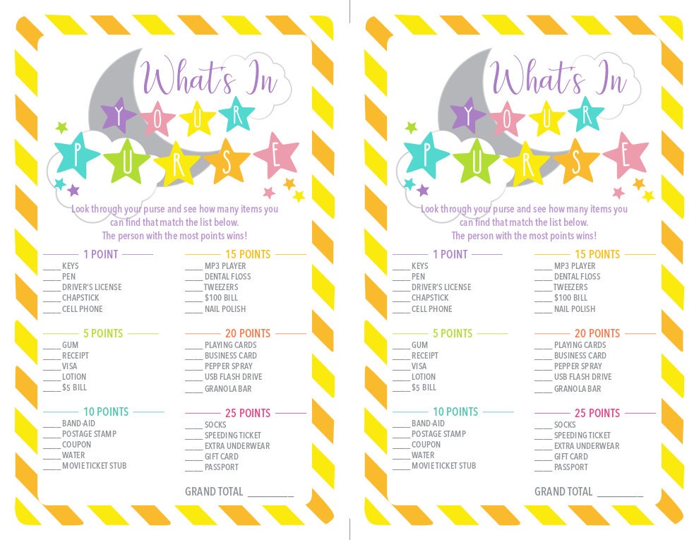 Baby Shower Game - What's in Your Purse? - Printable Game - Digital ...