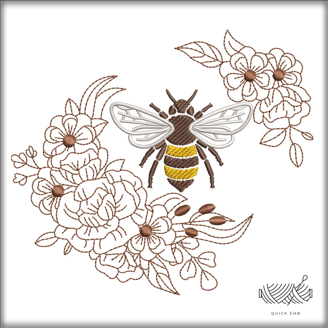 Floral Bee Machine Embroidery Design,bee Embroidery,floral Embroidery ...
