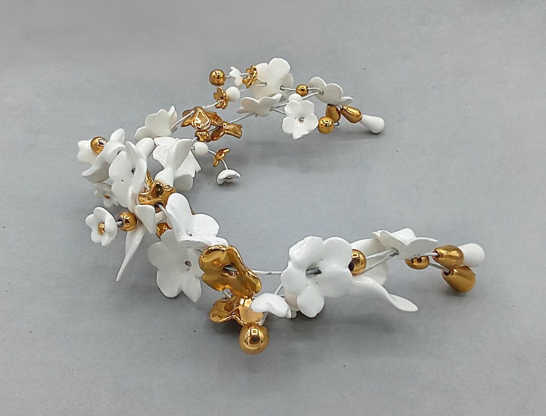 Porcelain and Gold Flower Tiara, Romantic Gold Crown, Bohemian Ceramic ...