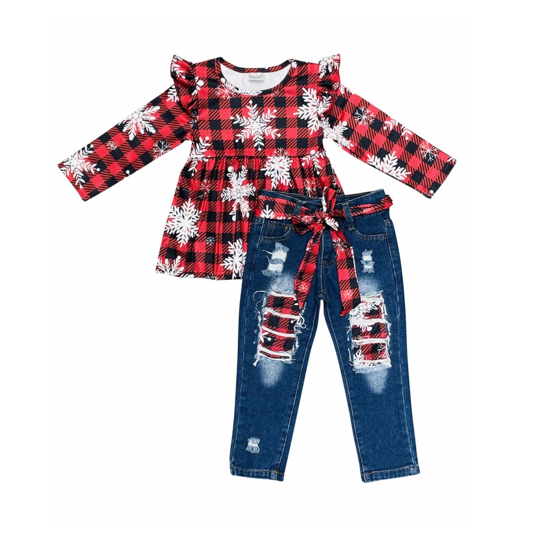 Christmas Plaid Snowflake Ruffle Denim Jeans Outfit | Christmas Toddler ...