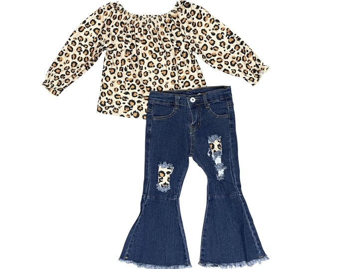 Girl's off Shoulder Cheetah Print Bell Bottom Denim Jeans Set | Trendy ...