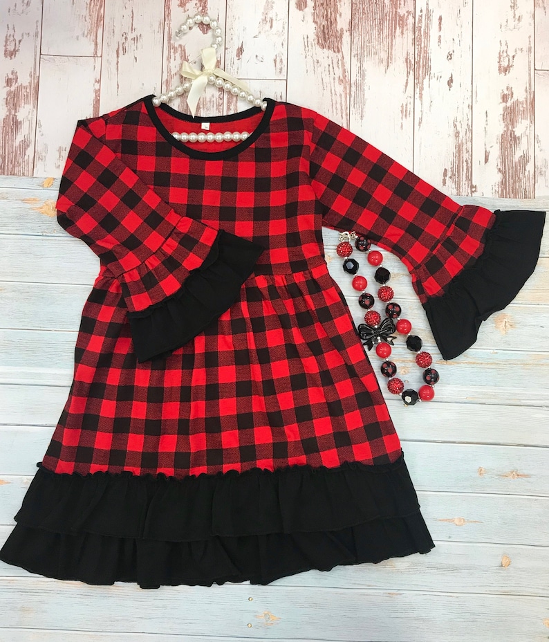 Christmas Buffalo Plaid Dress for Kids Ruffle Sleeves Red - Etsy