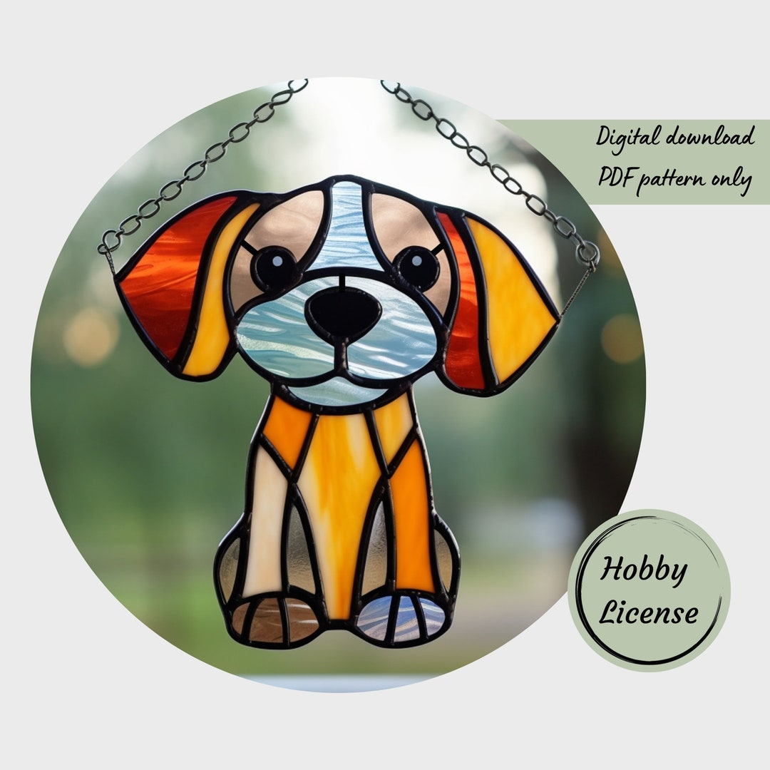 Dog Puppy Stained Glass Pattern Funny Dog DIY Suncatcher Animal Stained ...