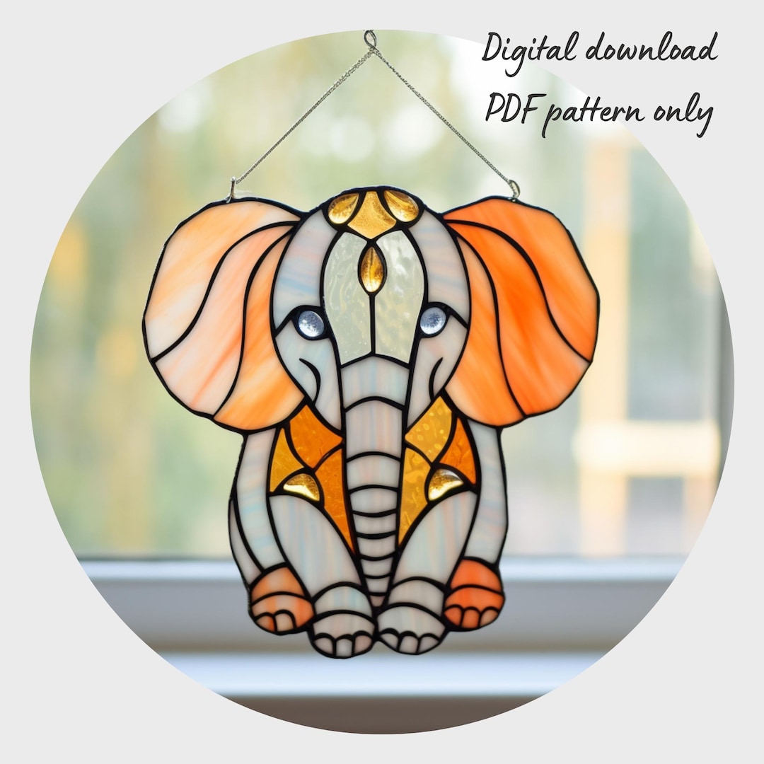 Elephant Stained Glass Pattern, Stained Glass Animal Pattern, Digital ...