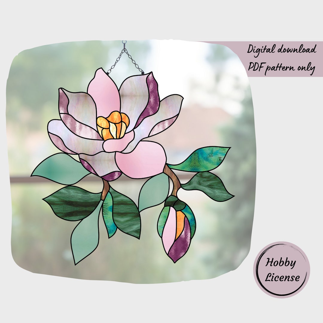Magnolia Stained Glass Pattern, Flower Stained Glass Pattern, Digital ...