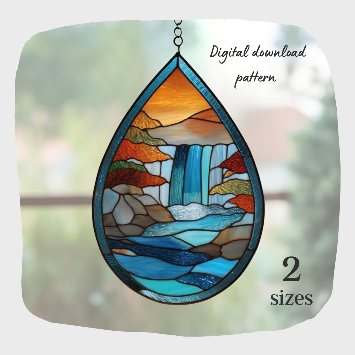 Waterfall Teardrop Stained Glass Pattern, Landscape DIY Suncatcher Home ...