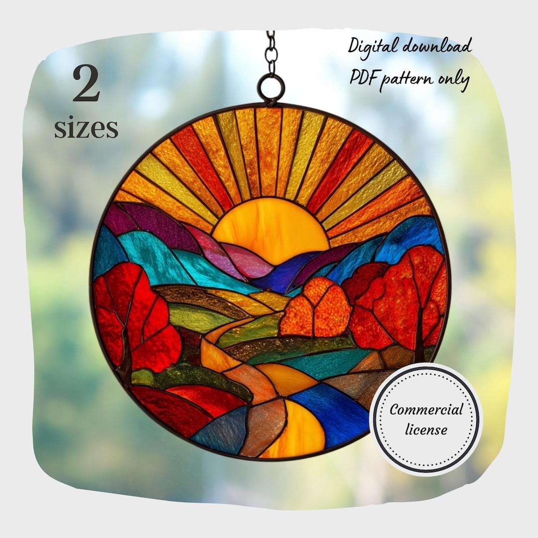 Sunset Landscape Stained Glass Pattern, Commercial License, Digital ...