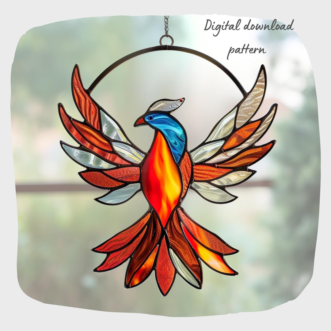 Phoenix Stained Glass Pattern, DIY Bird Suncatcher Home Decor, Digital ...