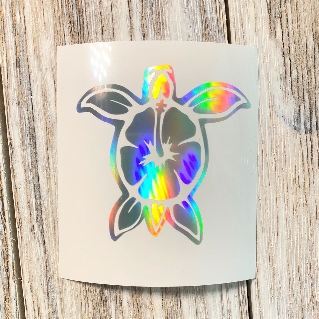 Turtle Decal, Sea Turtle Hibiscus Flower Decal, Holographic Turtle ...