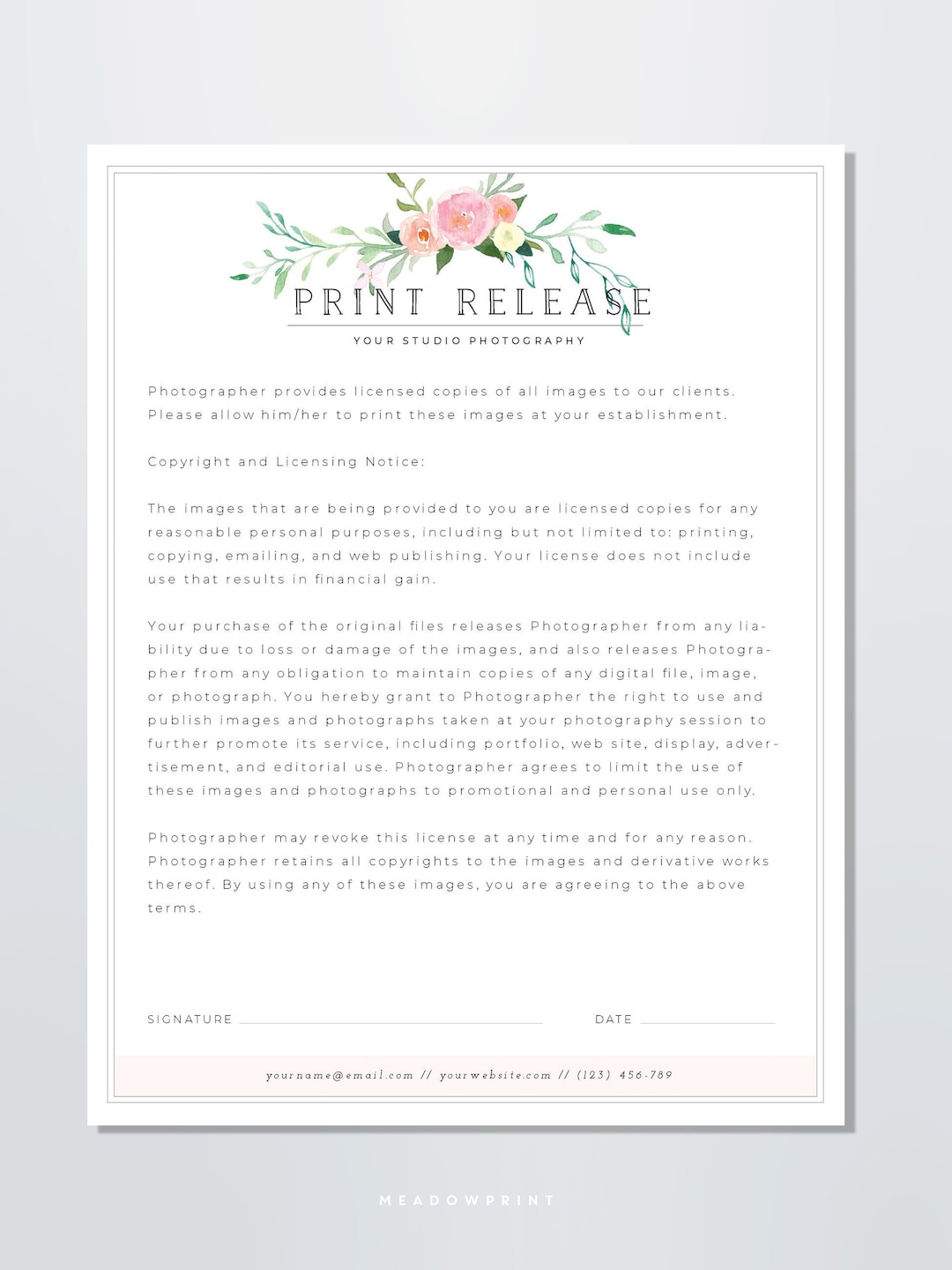 Photography Print Release Form - Photographer Print Release Template Photography Printing Form ...