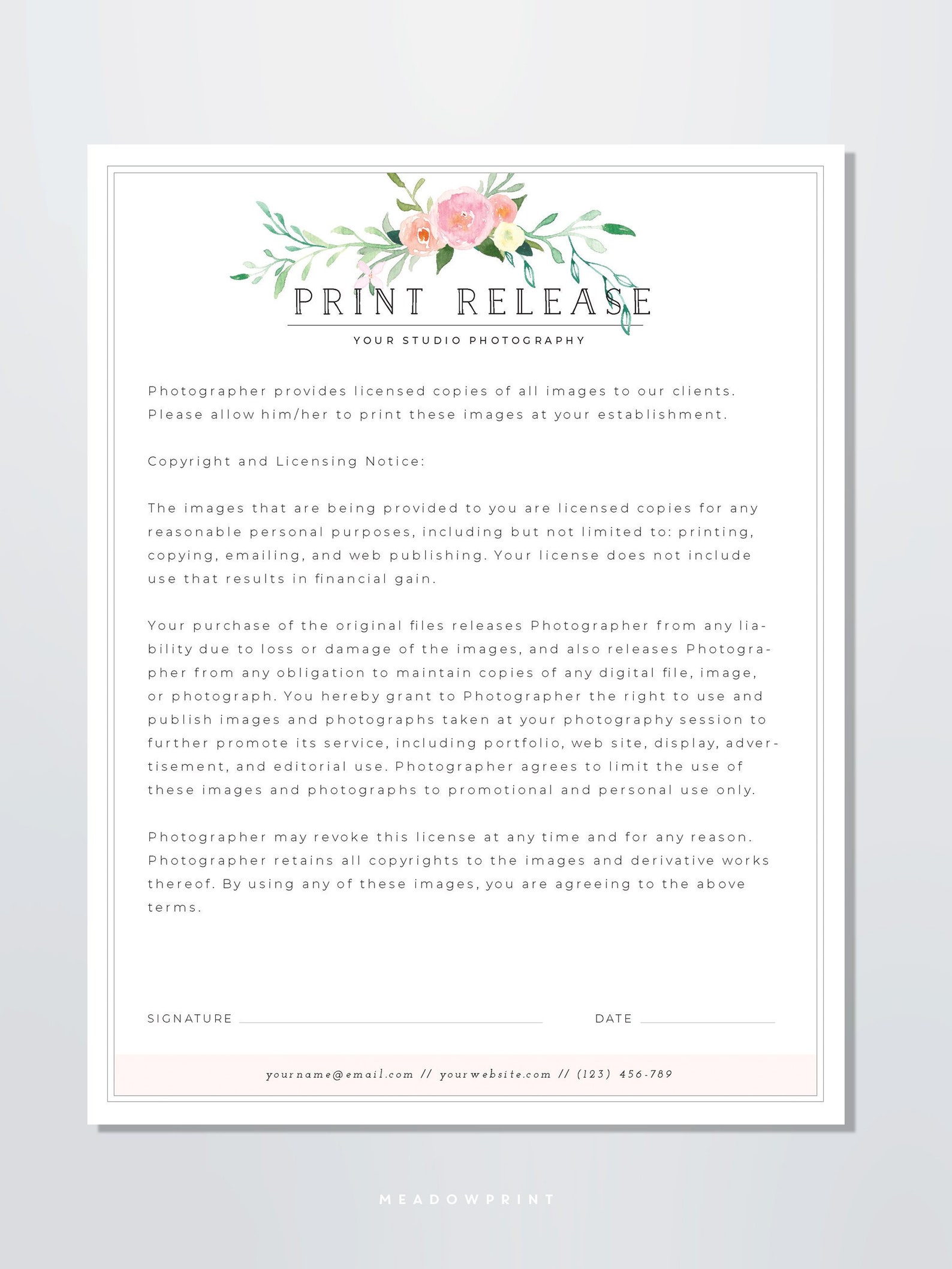 Photography Print Release Form - Photographer Print Release Template ...