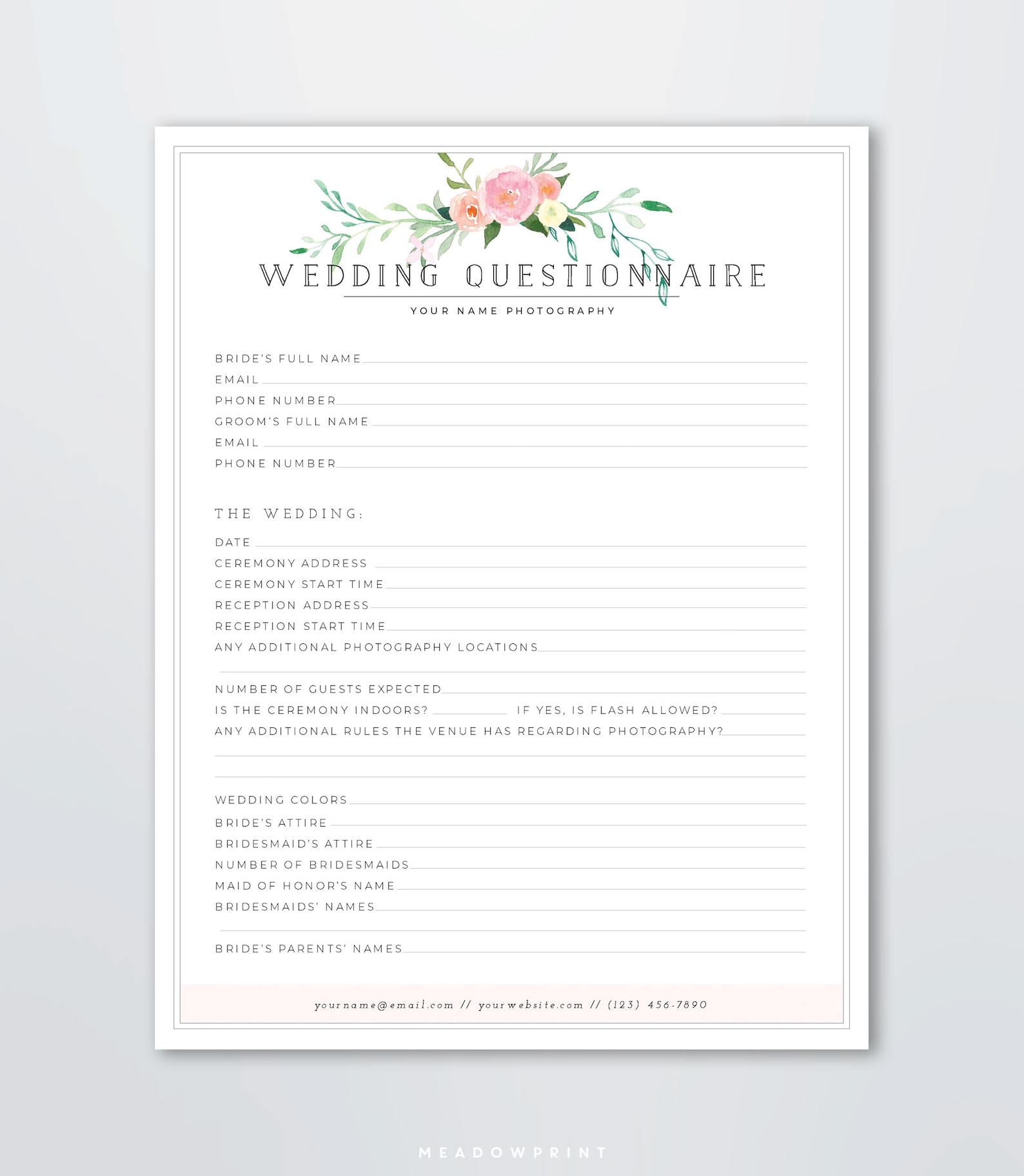 Wedding Photography Questionnaire Template - Pre Wedding Consultation ...