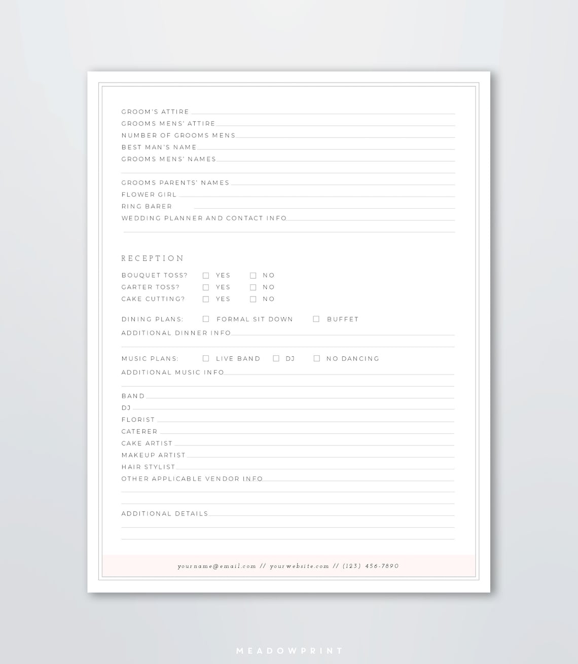 Wedding Photography Questionnaire Template - Pre Wedding Consultation ...