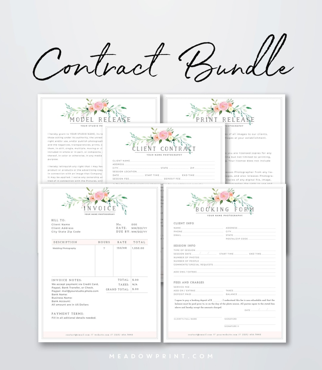 Photography Contract Template Bundle - Photography Template Set ...