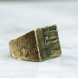Nothing is Permanent Brass Ring for Men and Women Square Flat Top Ring With Words, Esoteric ...
