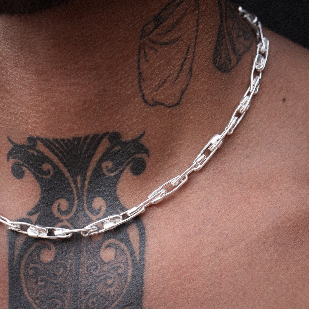 Safety Pin Necklace for Men, Women, Sterling Silver Chunky Choker Chain ...