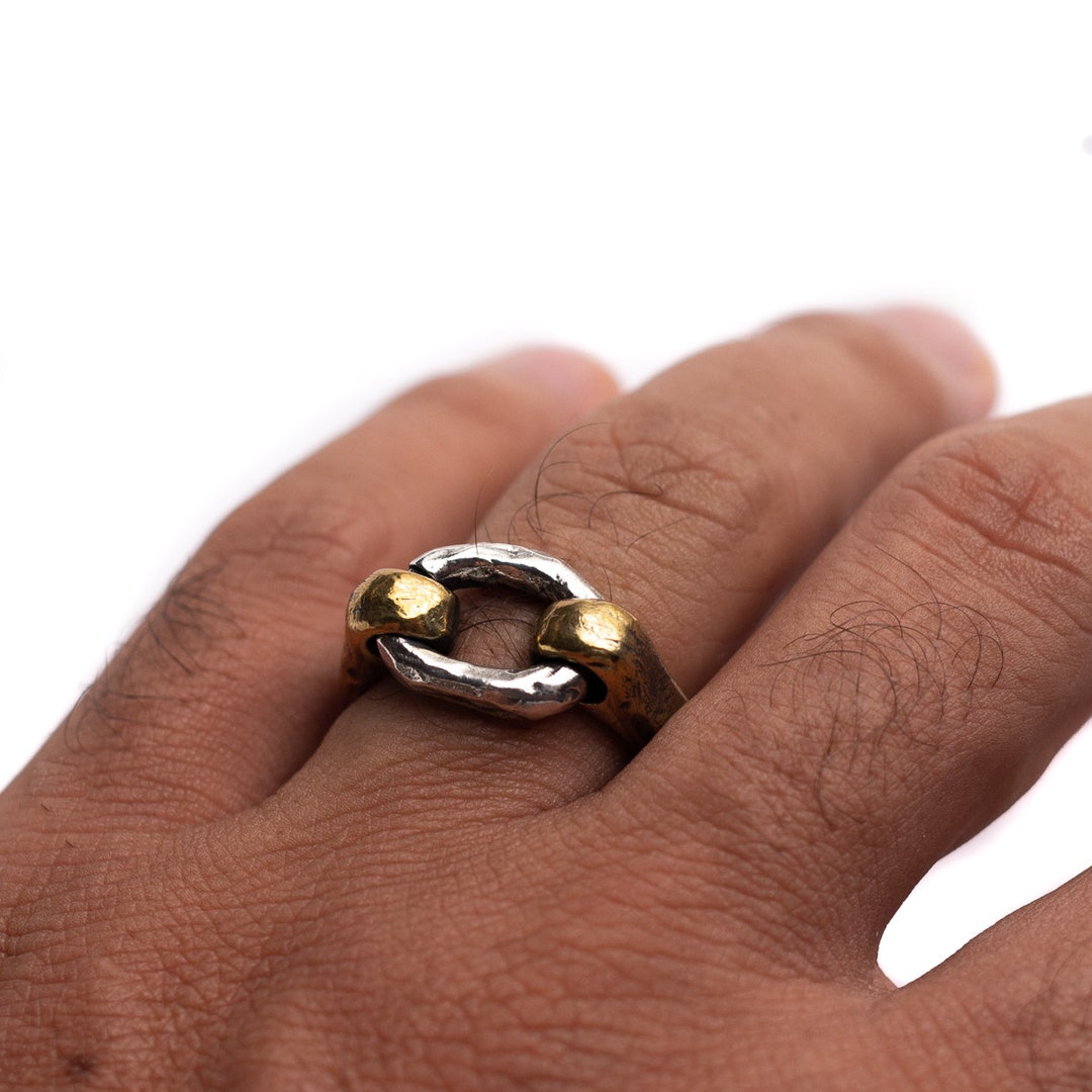 Mixed Metals Link Chain Ring Brass and Sterling Silver, Chunky Chain ...