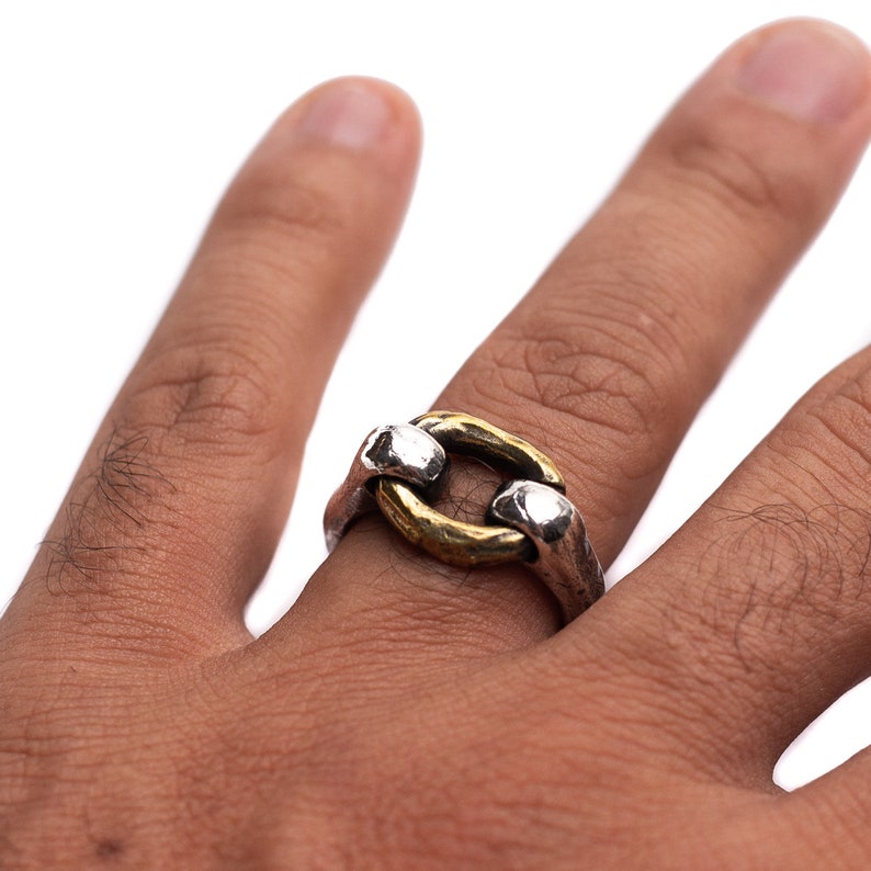Mixed Metals Link Chain Ring, Sterling Silver and Brass Ring, One Chain ...