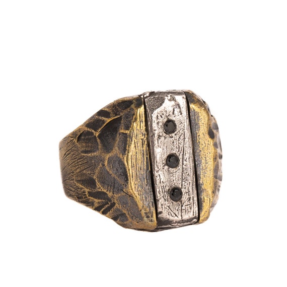 Rugged Rustic Ring Brass and Sterling With 3 Stones Unisex - Etsy