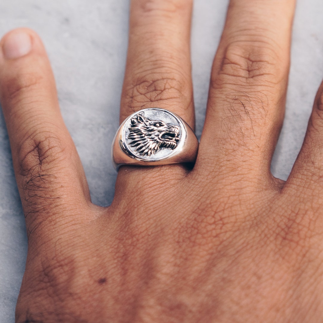 Silver GOT Ring for Men | Engraved Game of Thrones Stark Wolf, Animal ...