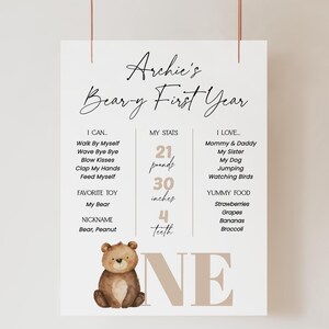 Beary First Birthday Stats Sign, First Year Milestone Poster, Bear 1st ...