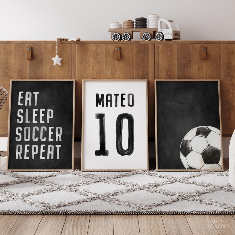 Personalized Soccer Wall Art Set of 3, Boys Room Decor, Custom Name ...
