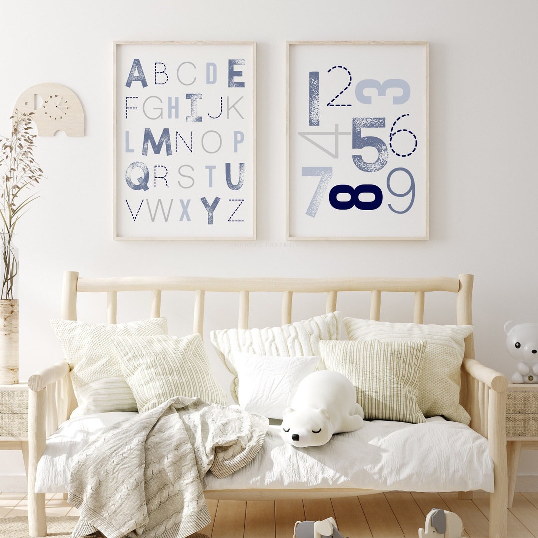 Set of 2 Prints, Blue Alphabet and Numbers Prints, Nursery Decor ...