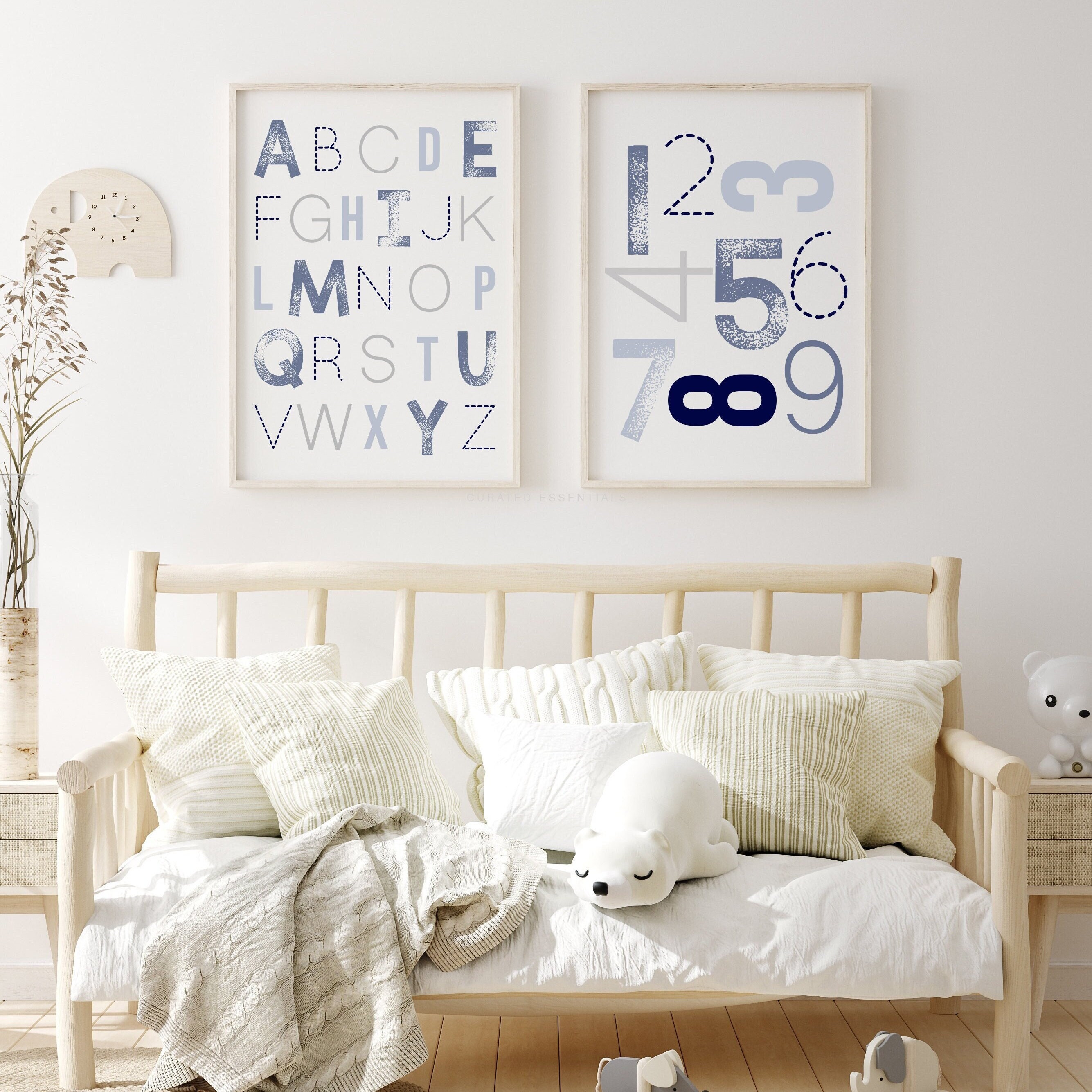 Set of 2 Prints, Blue Alphabet and Numbers Prints, Nursery Decor ...