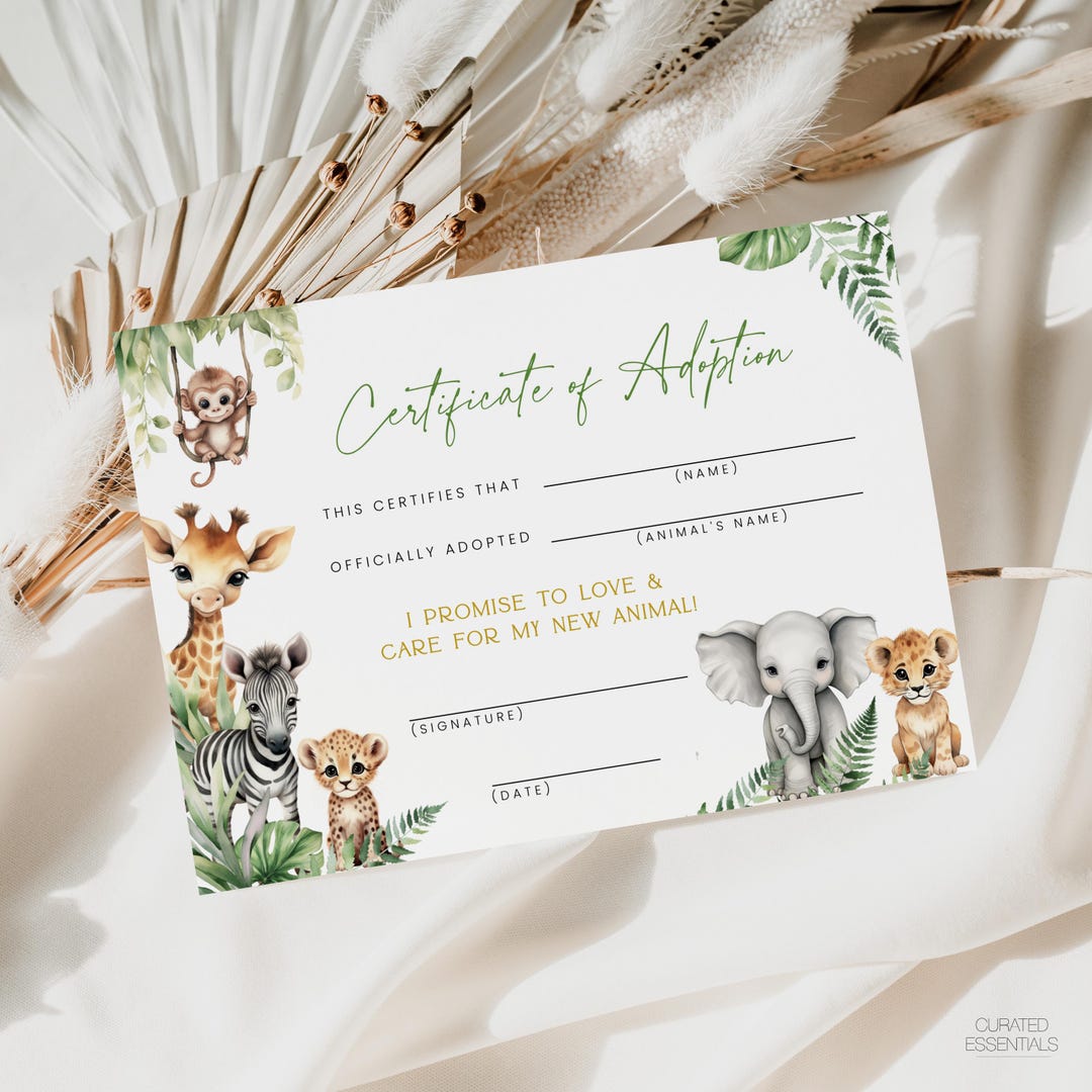 Printable Safari Adopt a Pet Certificate, Jungle Animals Birthday Party ...