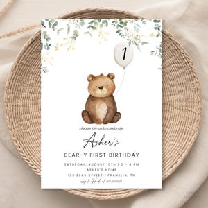 Editable 1st Birthday Bear Theme Invite, Beary First Birthday ...