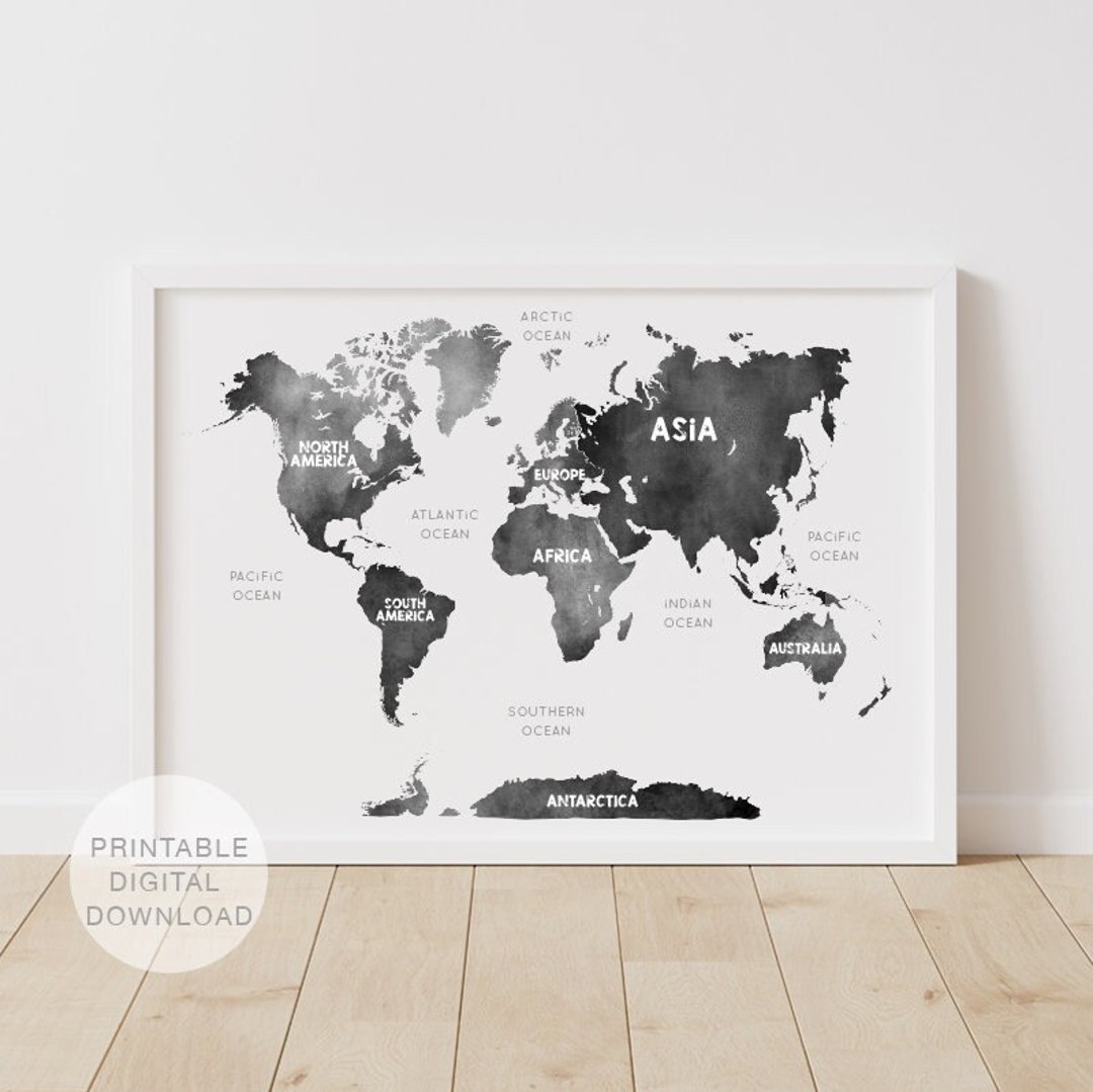 Black and White Playroom Map Print, Watercolor DIGITAL PRINT, Nursery ...