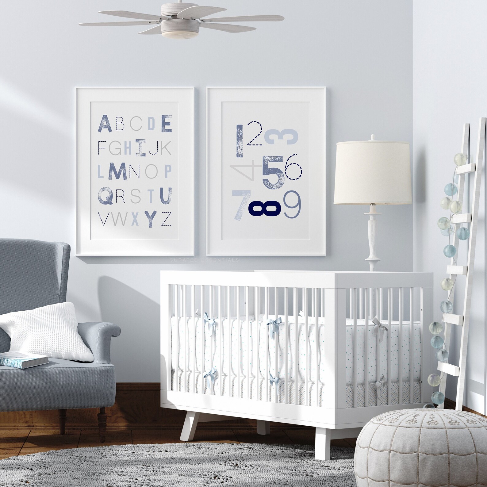Set of 2 Prints, Blue Alphabet and Numbers Prints, Nursery Decor ...