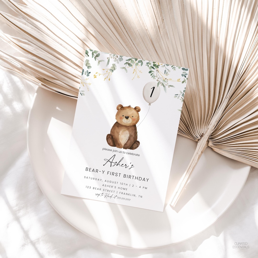 Editable 1st Birthday Bear Theme Invite, Beary First Birthday ...
